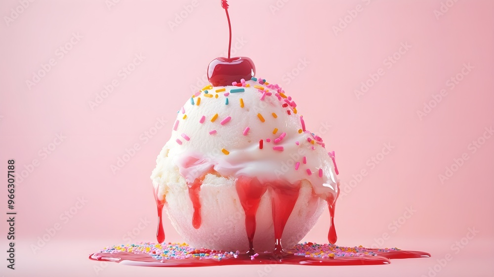 A realistic depiction of a melting ice cream sundae topped with ...