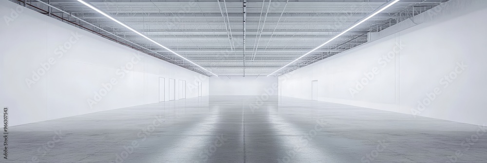 An empty industrial warehouse with white walls and a concrete floor ...