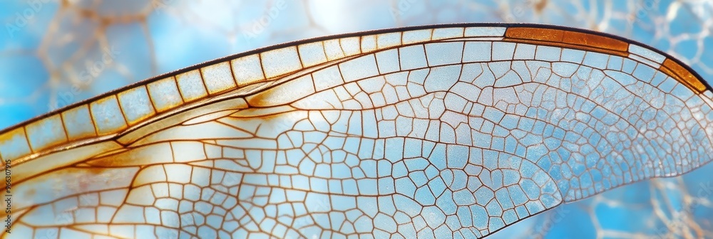 An extreme close-up of a dragonfly wing, revealing the intricate network of veins and patterns ...