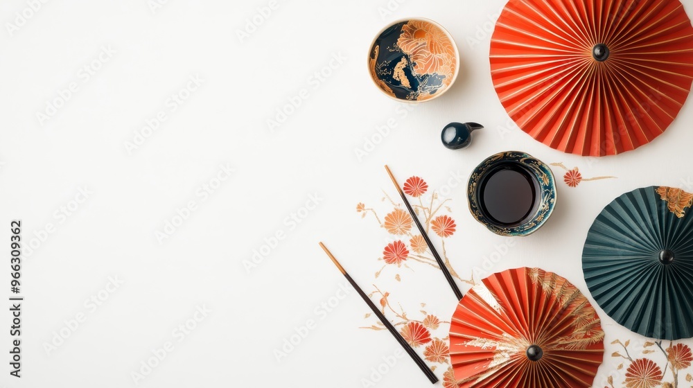 Japanese traditional items, including a paper umbrella, chopsticks, and ...