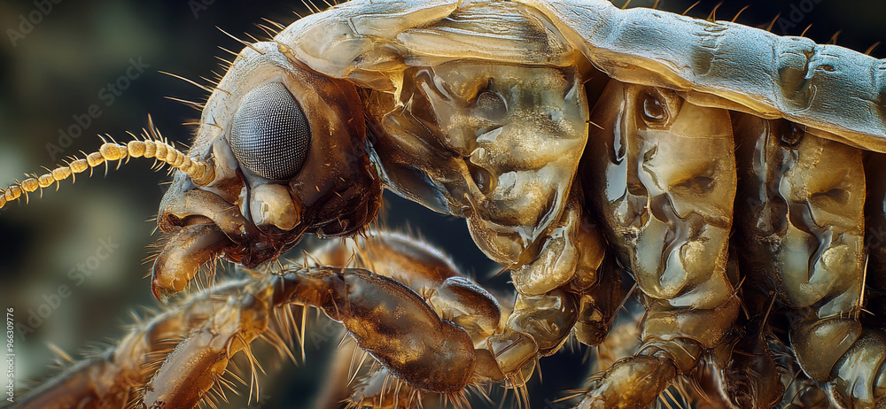This detailed image captures the intricate details of an insect's head ...