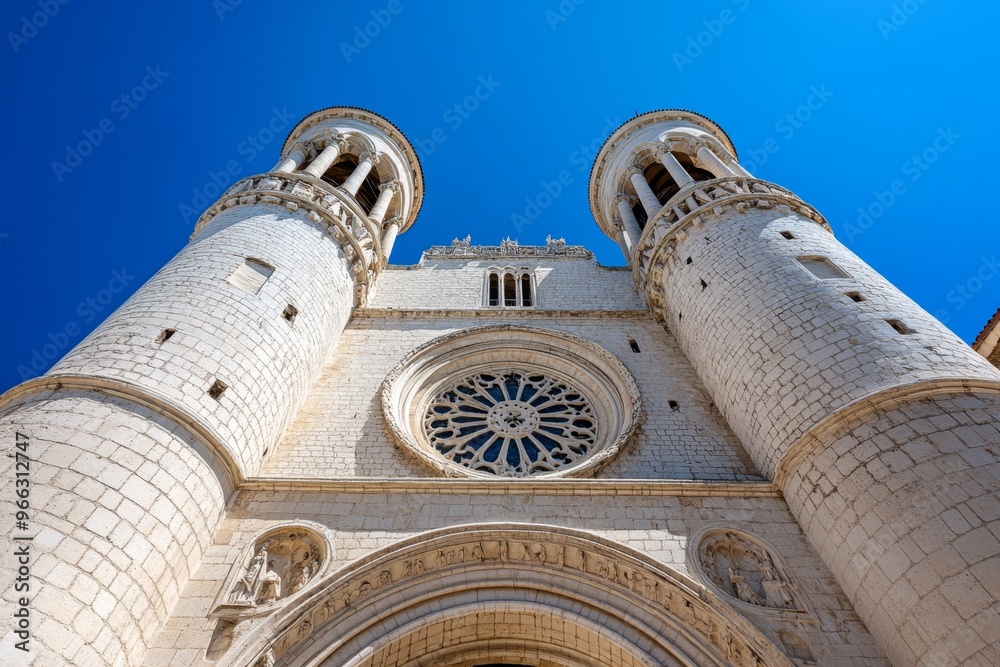 The imposing towers of the Palais des Papes, set against a clear blue ...