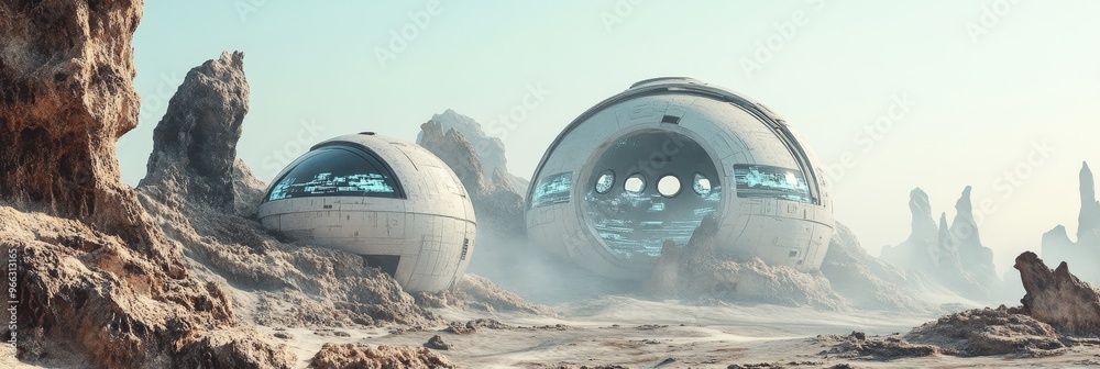 Two large, white, dome-shaped alien structures stand on a desolate ...