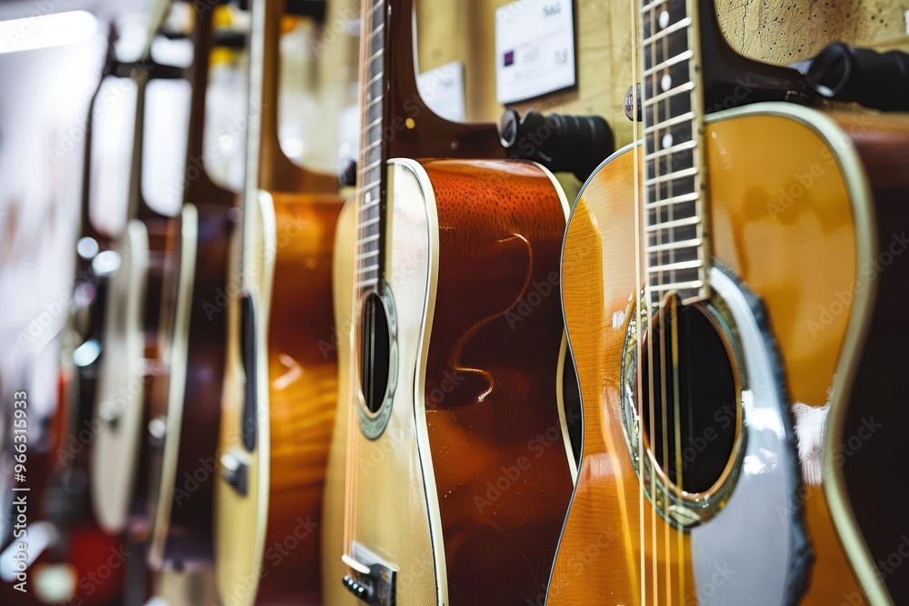 Group of classic musical guitar instruments on display in a music shop ...