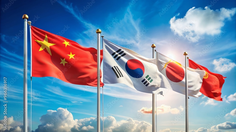 Vibrant national flags of Asian countries, including China, Japan ...