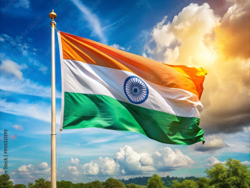 Vibrant orange, white, and green hues of the Indian national flag flow ...