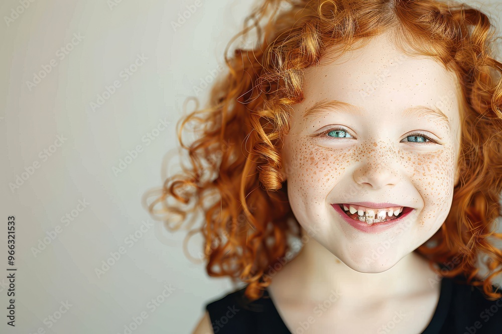 Laughing redhead little girl with freckles and missing tooth. Portrait ...