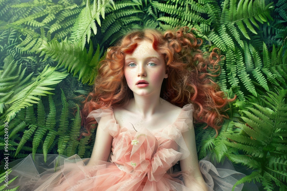 Beautiful pre-raphaelite girl with curly red hair with a flying tulle ...