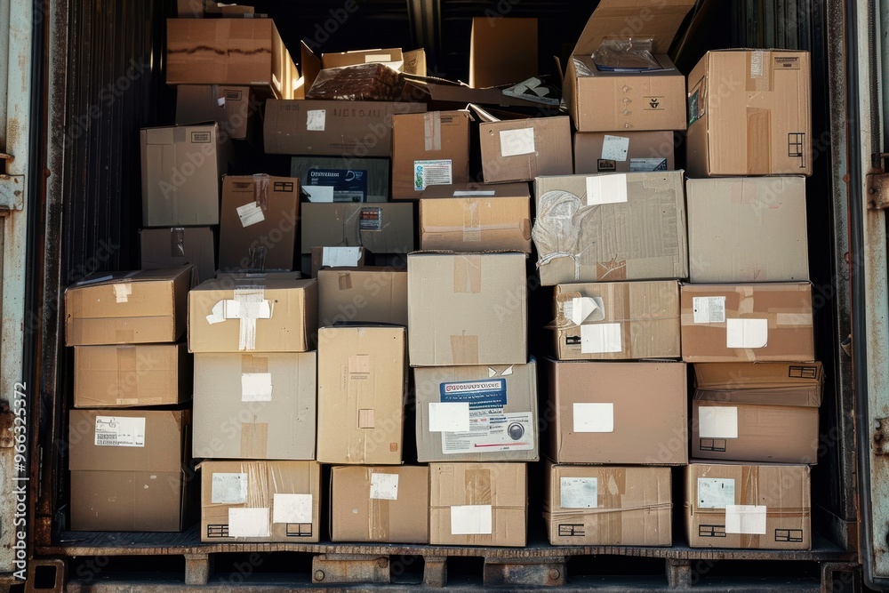 Merchandise packed in boxes in the back of a truck at a commercial dock ...