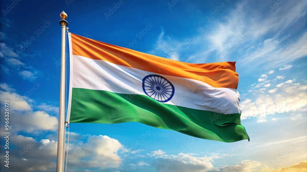 Vibrant tri-colored Indian national flag waving proudly in the wind ...