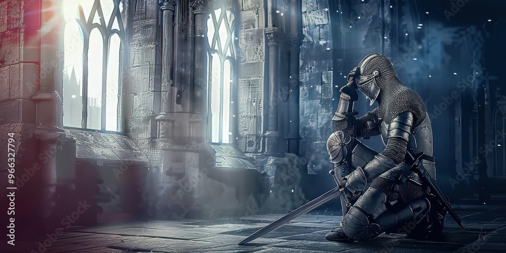 Medieval Knight in Armour Kneeling With Sword Inside Castle A medieval ...