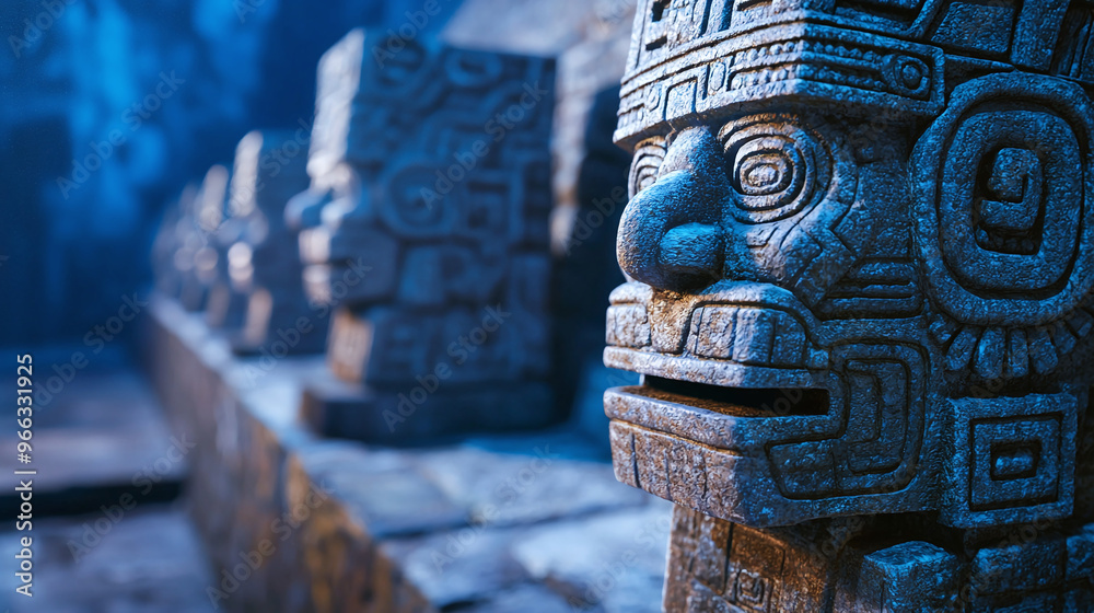 intricate stone carvings of a Mayan temple, captured with soft ...