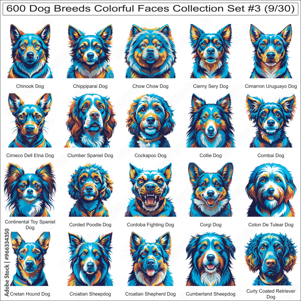 Dog Breeds Colorful Dog Faces Collection Set of 600 Dog Faces Isolated ...