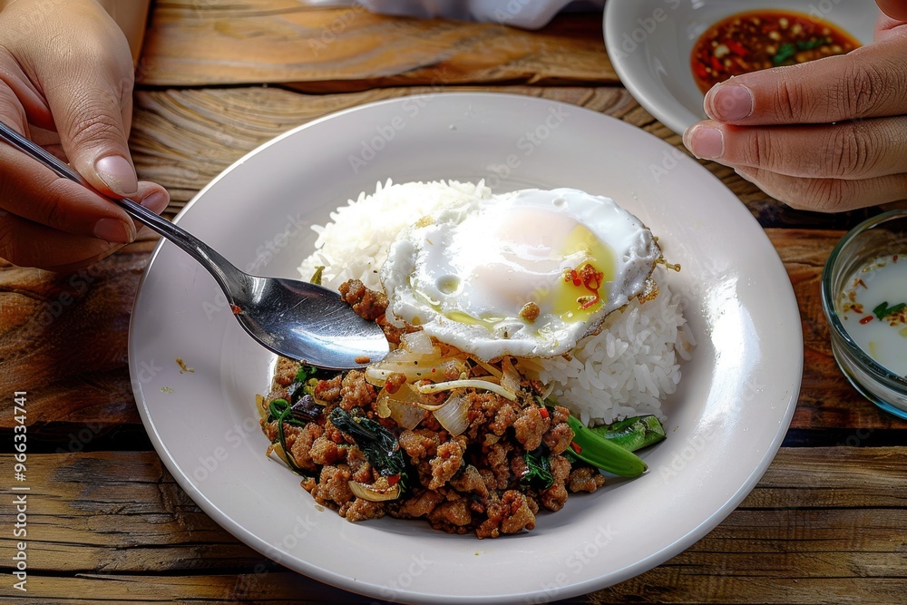 The famous spicy Thai dish called 'Pak Krapao Moo', fried pork with ...
