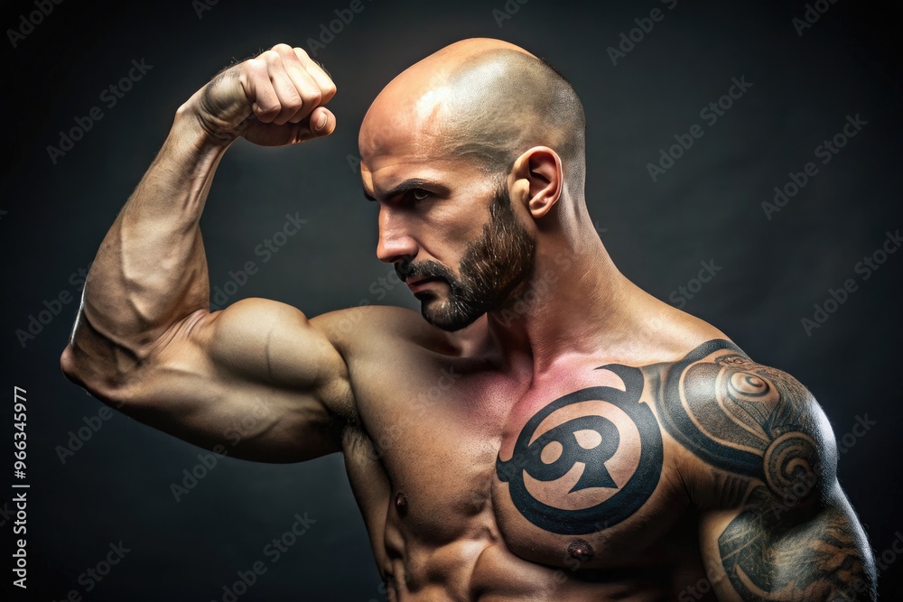 A bold, muscular man with a Cancer symbol tattoo on his bicep ...