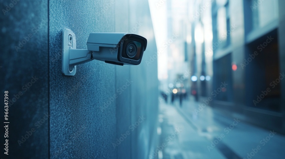 A modern security camera mounted on a city wall captures urban life. It ...