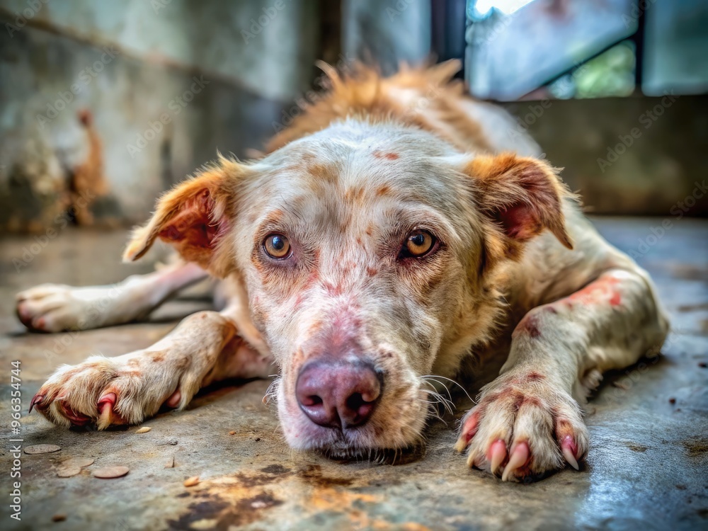 A distressed dog with severe scabies infection, showing intense skin ...