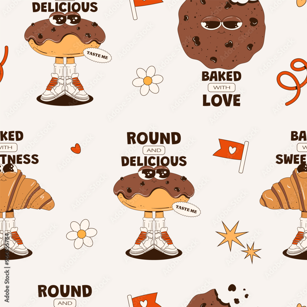 Seamless pattern with pastries and sweets in groovy style. Characters include a donut, cookie ...