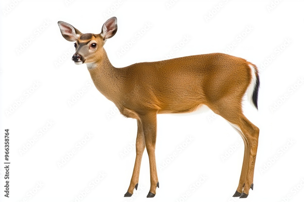 muntjac deer stands alone, its small body and short antlers highlighted ...