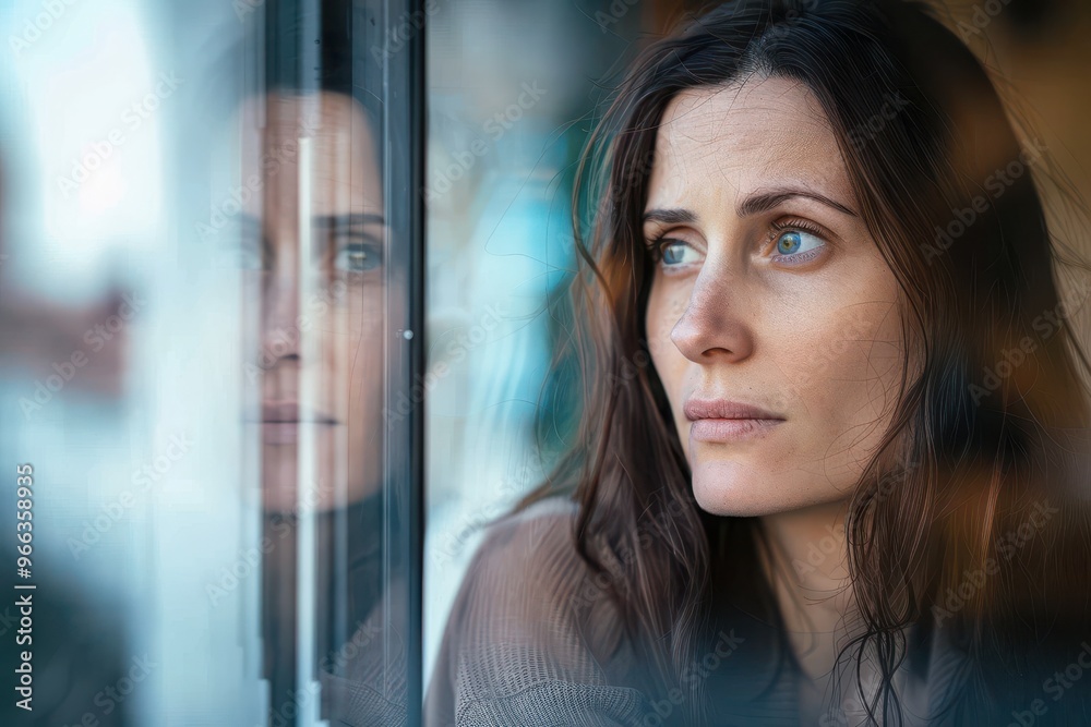 Young woman looking through window with reflection Woman with long hair ...
