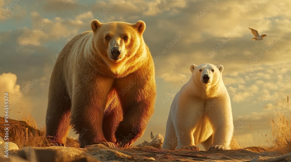 A majestic brown bear and a polar bear stand side-by-side, showcasing the beauty and power of ...