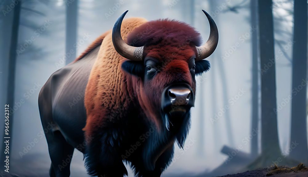 fantasy red bison bison deity bison god depicted dark misty foggy ...