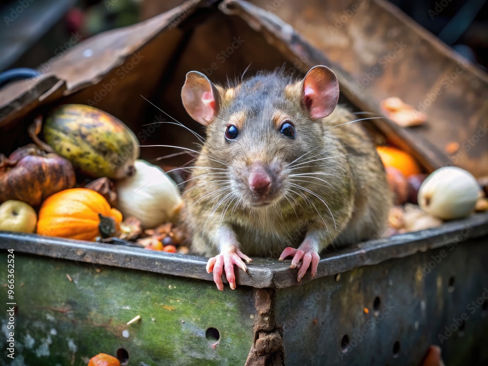 A filthy, mangy rat emerges from a dumpster, its beady eyes and pointed ...