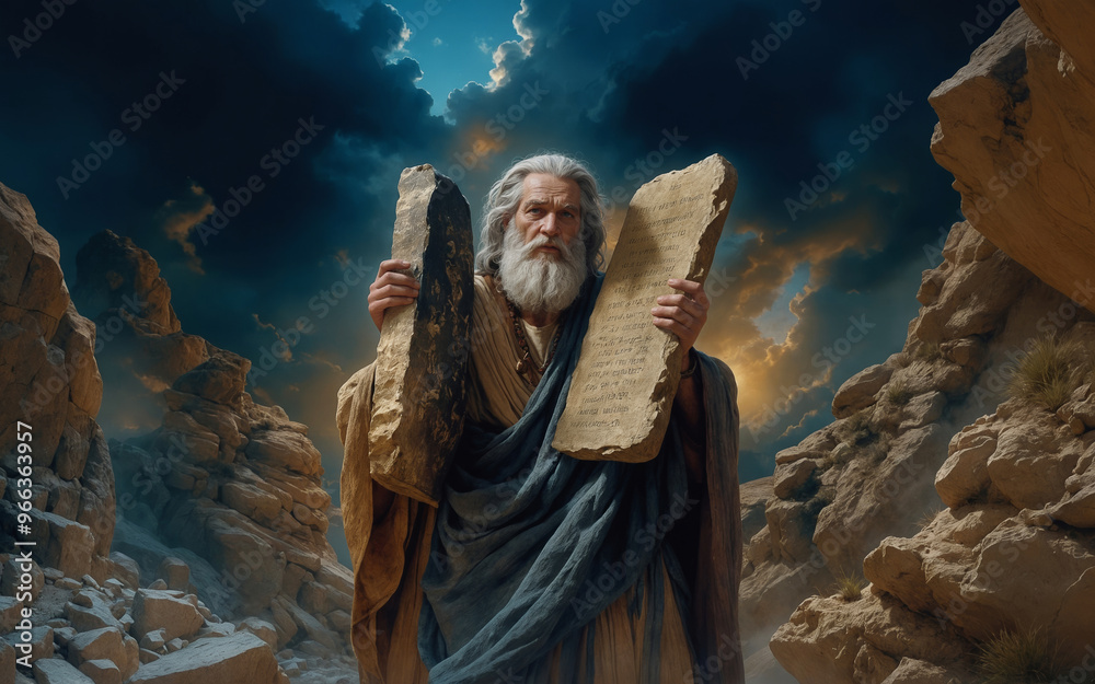 Moses holding the tablets with the Ten Commandments Stock Photo | Adobe ...