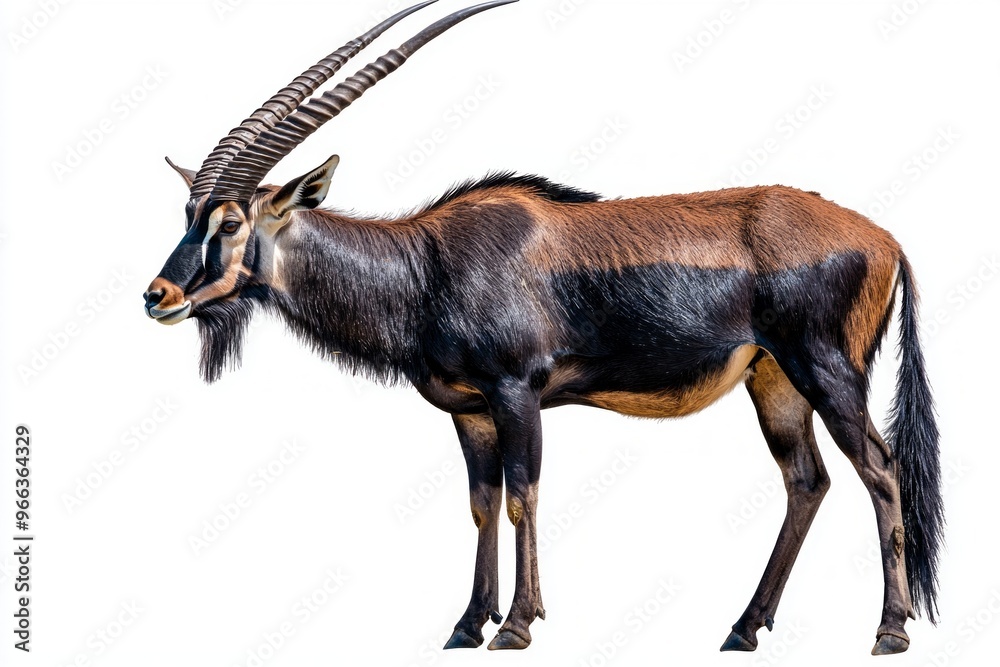 sable antelope displays its striking black coat and long, curved horns ...