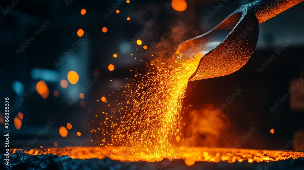 Molten steel pours from a tilted ladle, creating a fiery cascade of ...