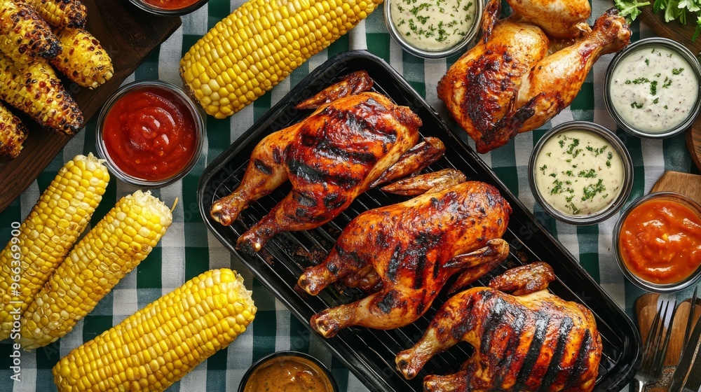 A top-down view of a barbecue spread featuring whole grilled chickens ...