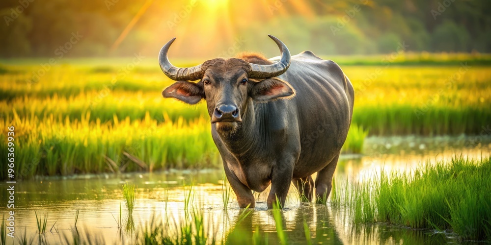 A majestic water buffalo, also known as a carabao, stands calmly in a ...