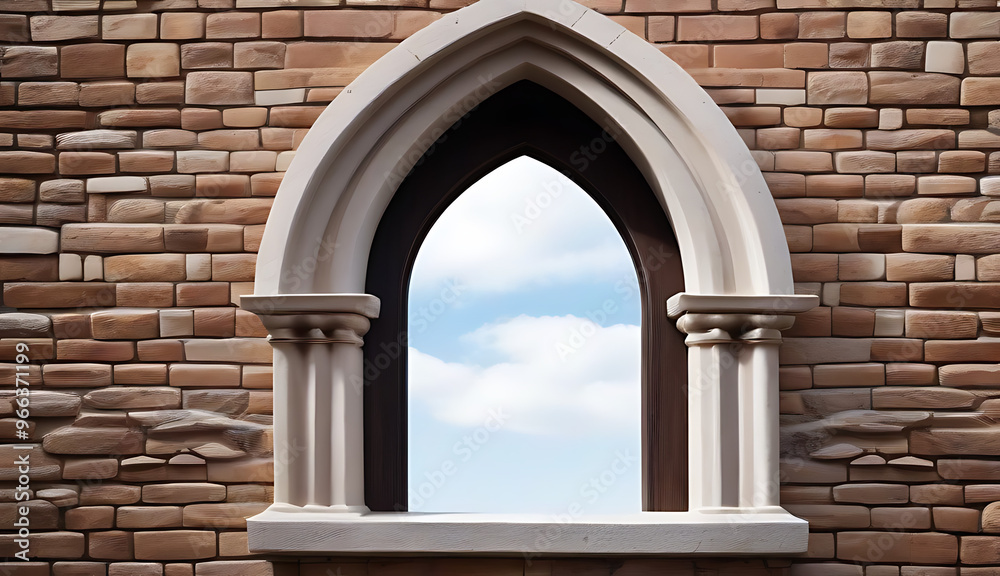 gothic arch stone medieval window set brick stone wall isolated white ...