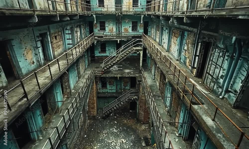 A prison cell block with a lot of bars and a lot of stairs Stock Video ...
