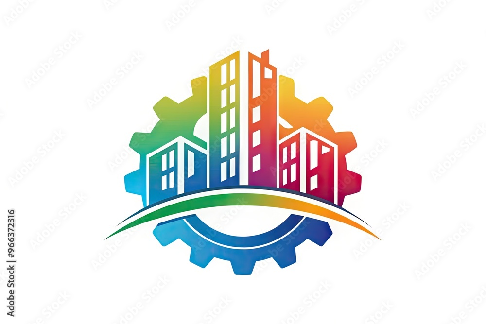 A modern, colorful logo design featuring a stylized building icon ...