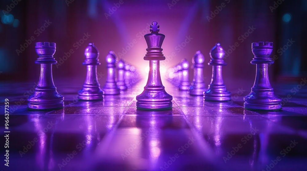 enigmatic chess pieces cast long shadows in a sea of purple the ...