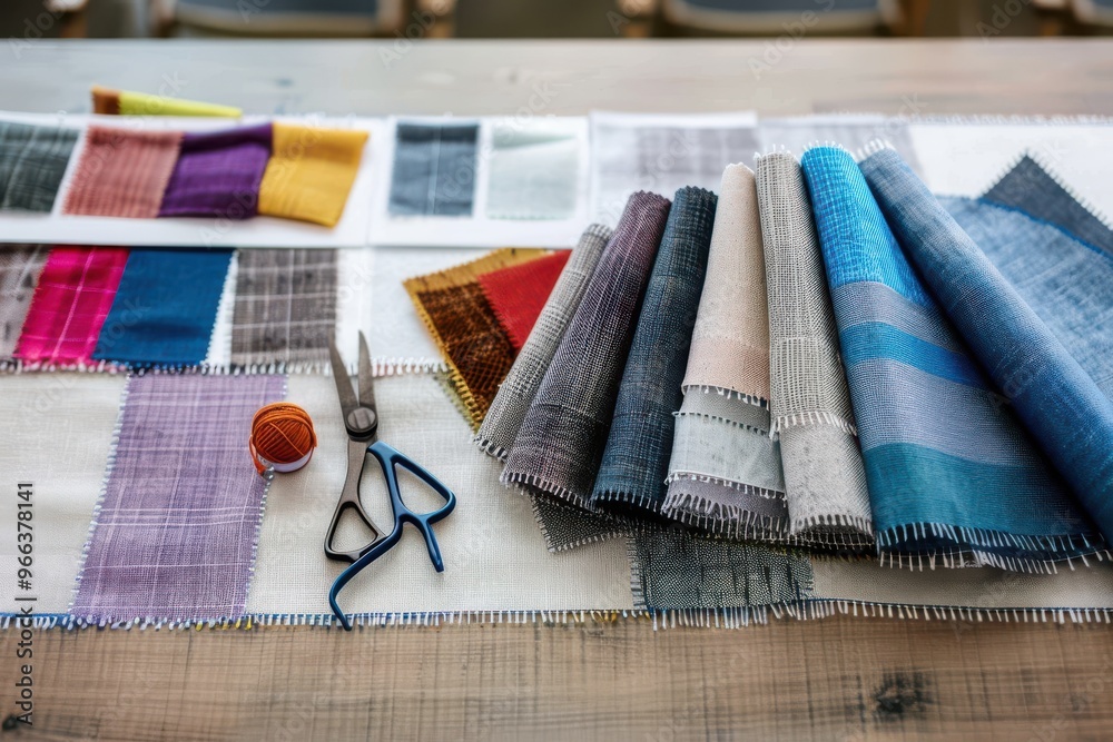 Fabric swatches and tailoring tools on the table of a textile shop ...
