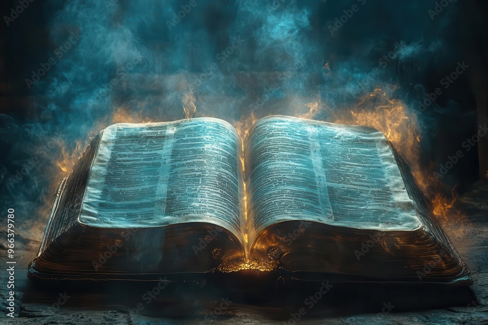 epic cinematic reveal of open bible dramatic lighting on book of 1 ...