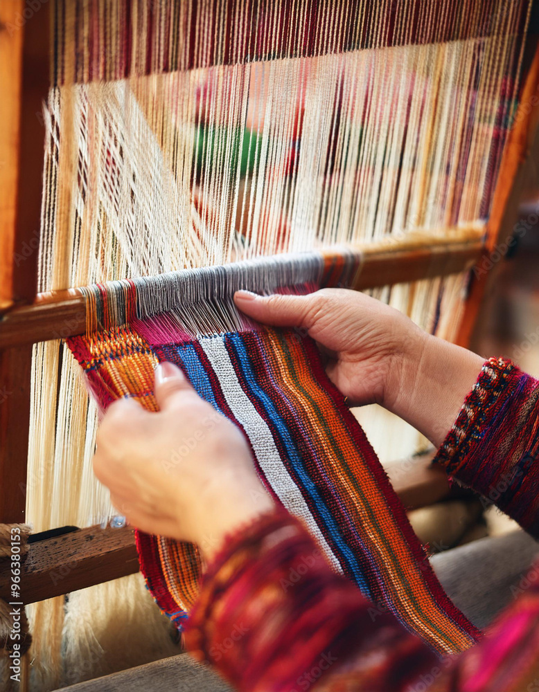 Peruvian indigenous Quechua woman weaving a textile with the ...
