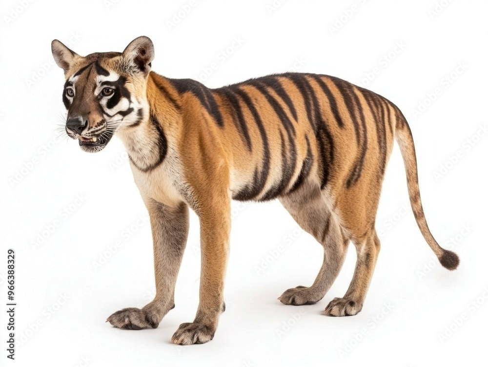 Tasmanian tiger stands proudly, showcasing its unique striped back and ...