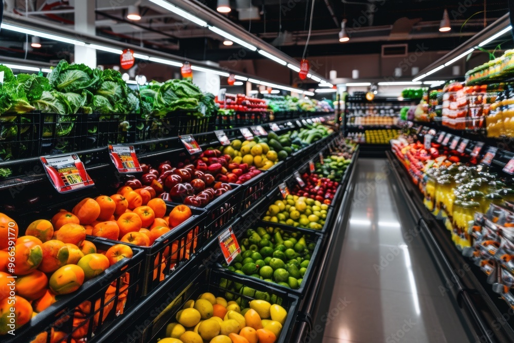 Produce aisle at the supermarket Wide shot of the produce aisle at the ...