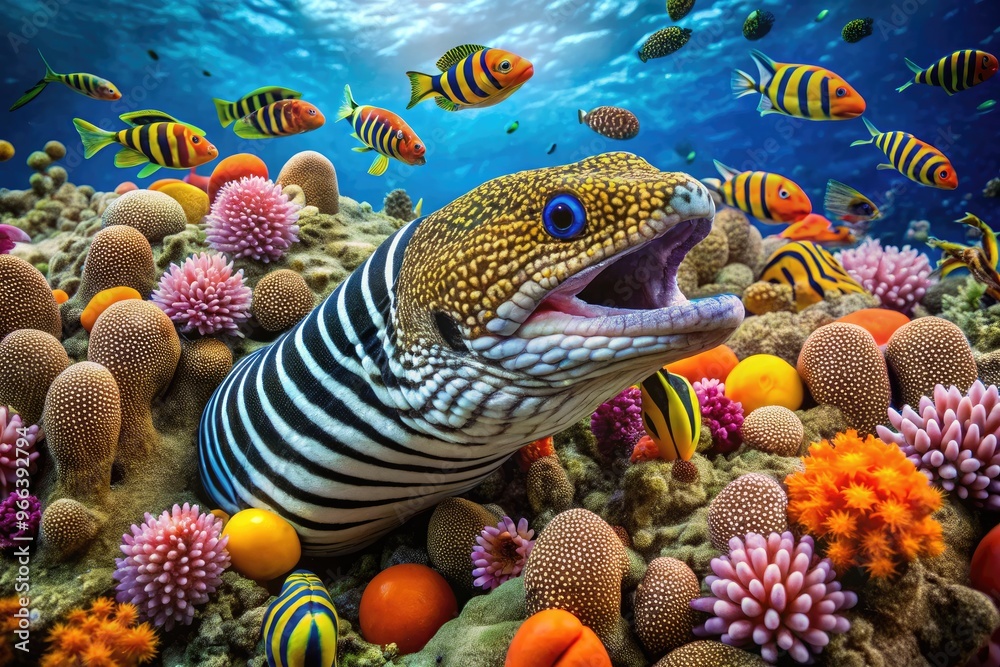 A vibrant underwater scene featuring a snake-like moray eel wrapped ...