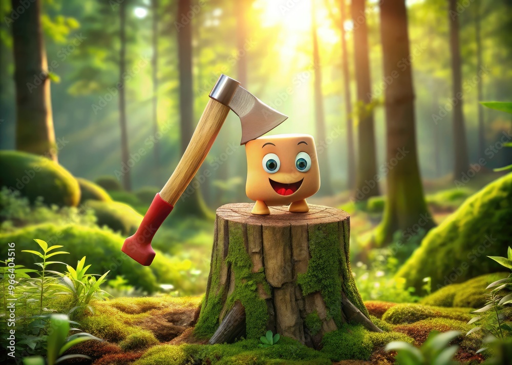 Colorful cartoon axe with a smiling face and arms, leaning against a ...