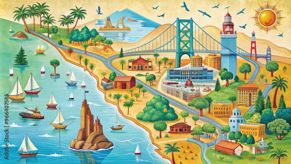 Colorful illustrative map of California cities, featuring iconic ...