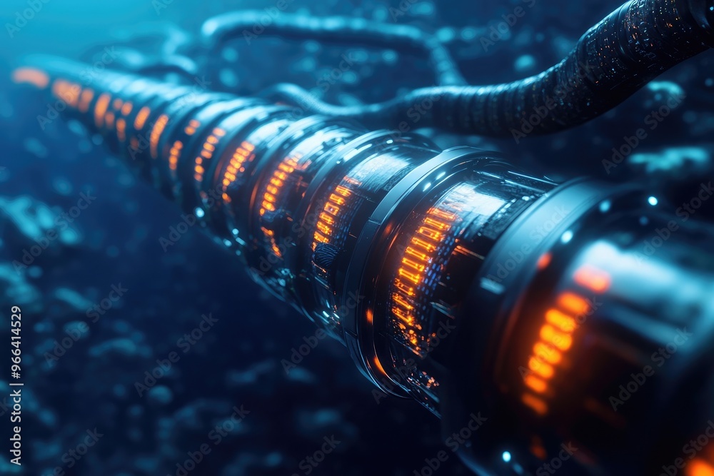 High-tech submarine cable system with glowing fiber-optic strands ...