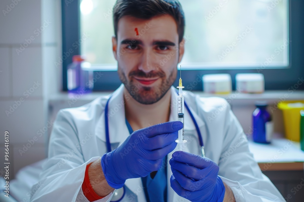 Doctor endocrinologist in medical gloves holds insulin injection ...