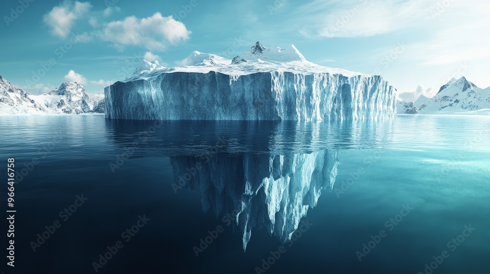 A stark image of a melting ice cap with its jagged edges contrasting ...