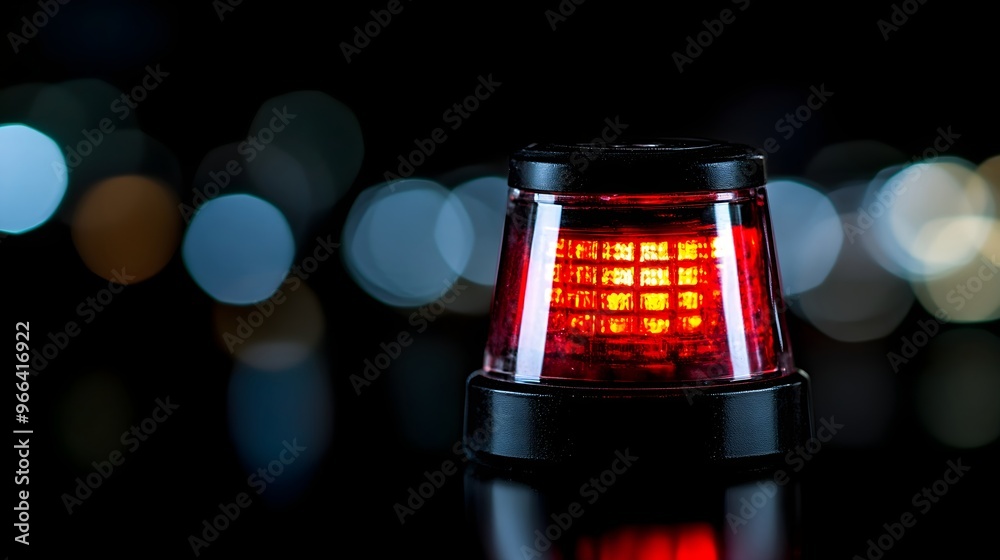 Red rotating siren emergency warning light with black base on dark ...