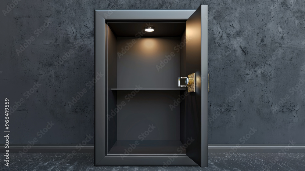 Open empty safe on floor in dark room, metal safety box with light ...