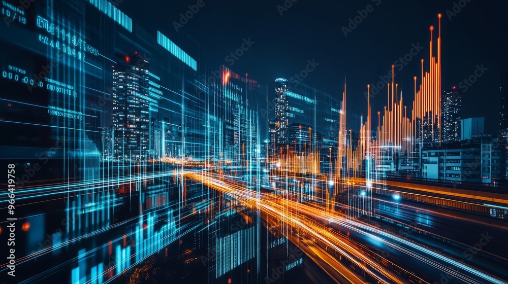 Image of multiple graphs over time-lapse of vehicles moving on modern ...